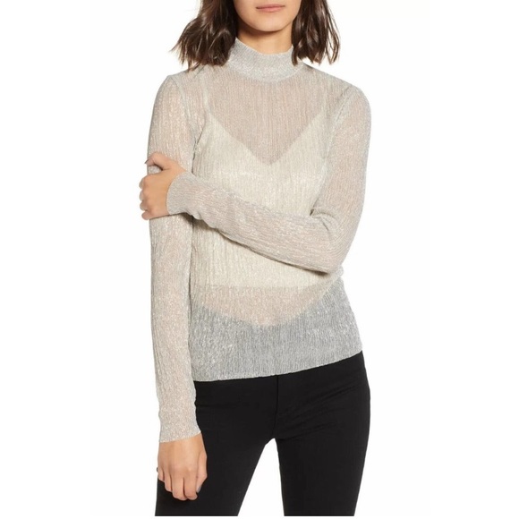 Chelsea28 | Tops | Chelsea28 Metallic Shimmer Sheer High Neck Top ...